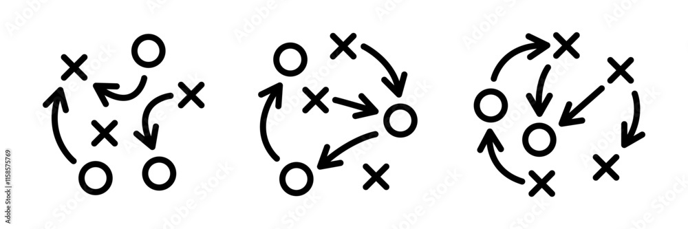 Soccer game strategy and tactic plan outline icons vector illustration ...