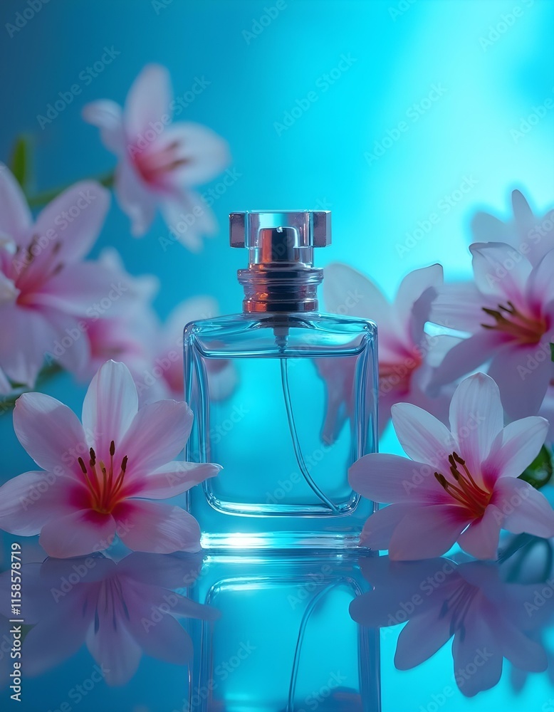 Minimal perfume bottle and flowers all over the set, top light on top ...