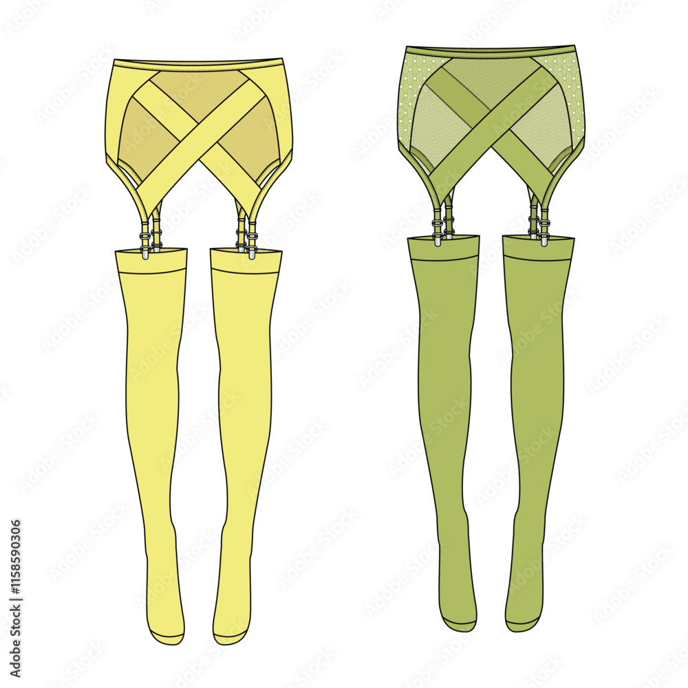 Crossover suspender stockings front and back view design technical ...