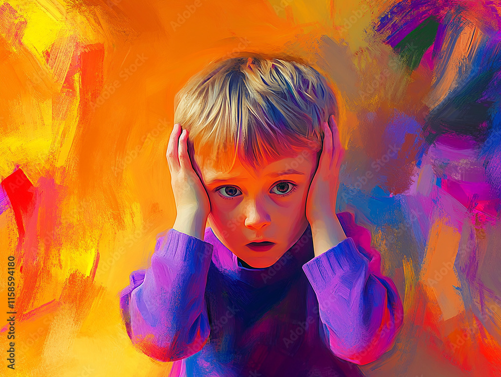 Little Boy Experiencing Auditory Hallucinations. In a Vivid background ...