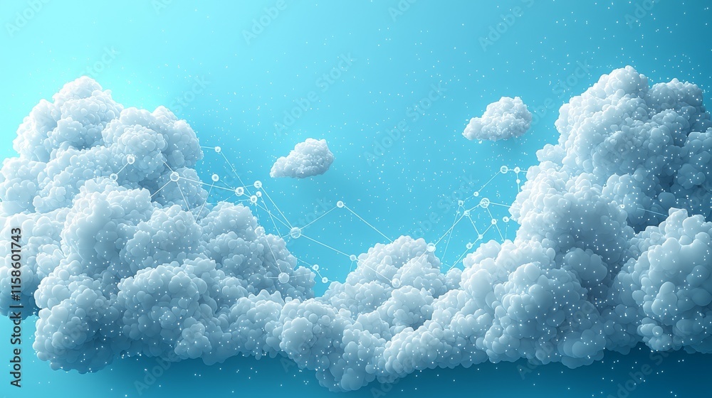 Abstract network diagram showing cloud nodes interconnected by virtual pathways, representing ...