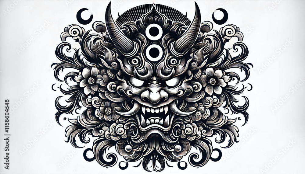 Demonic japanese Oni mask ornament art tattoo design in white ...