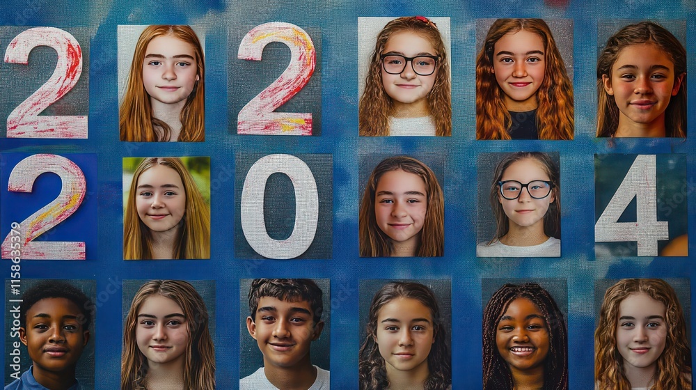 Collage of diverse teenage students' portraits with 2024 year numbers ...