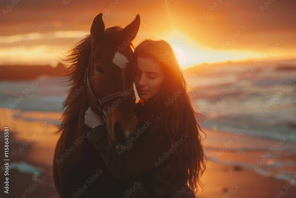 Woman embraces horse on beach during vibrant sunset, symbolizing ...