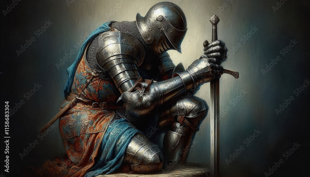 Medieval knight in armor kneels with his sword, expressing a moment of ...