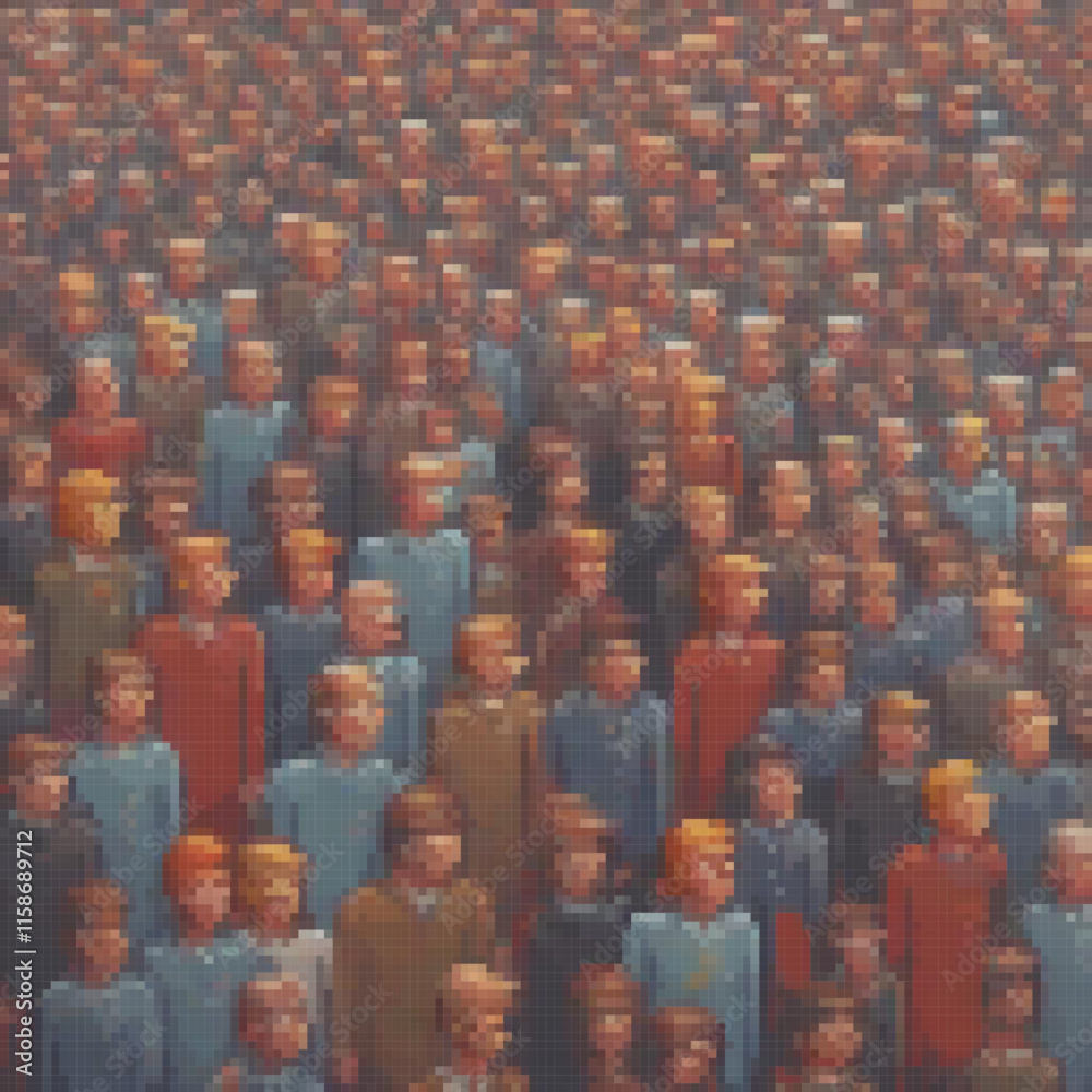 Pixel art image depicts crowd people some wearing uniforms few standing ...