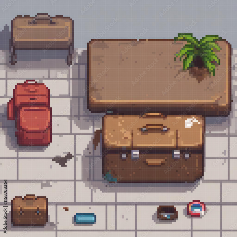 Pixel art scene showcases various luggage items including suitcases ...