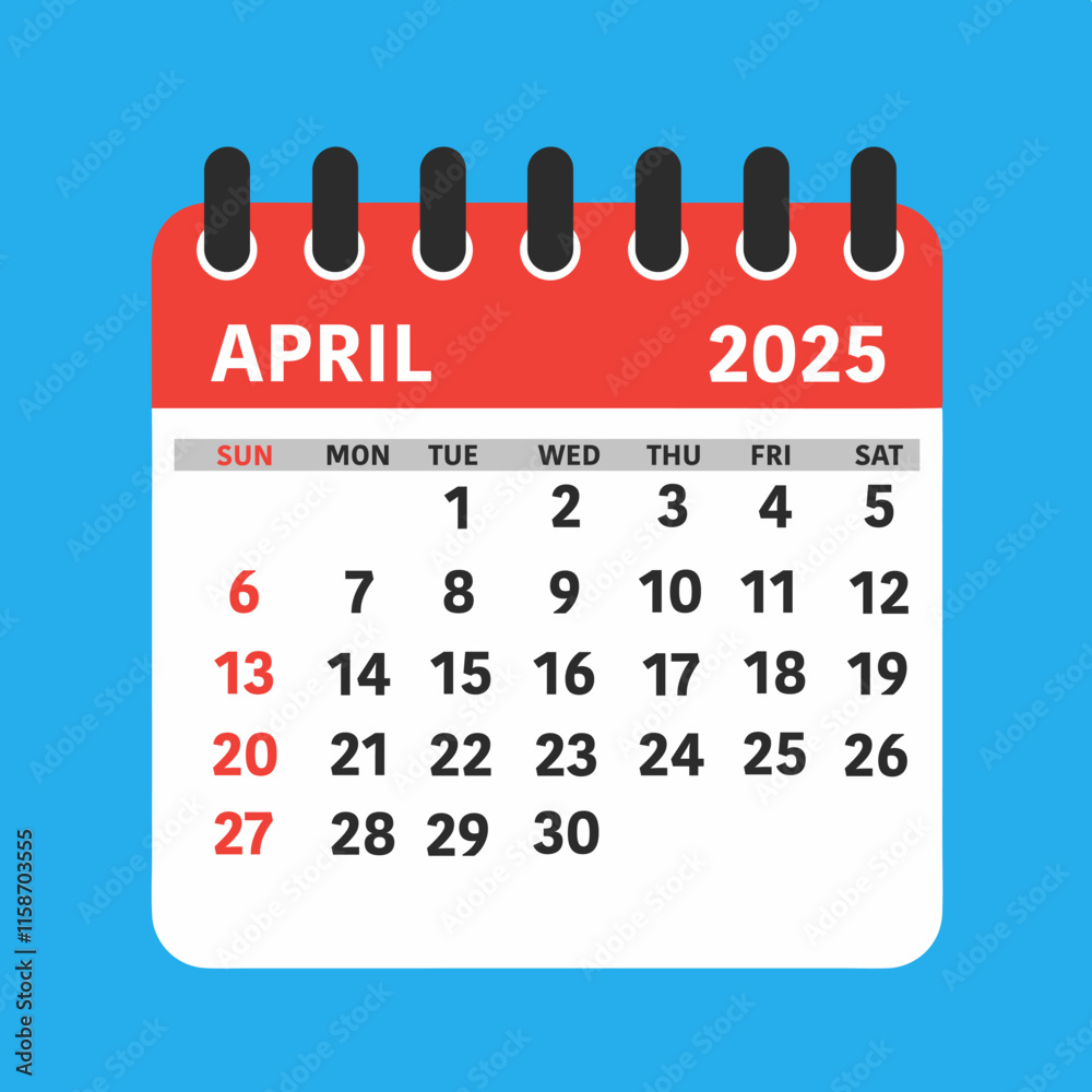 April 2025 Calendar Leaf. This flat-style calendar features a modern ...