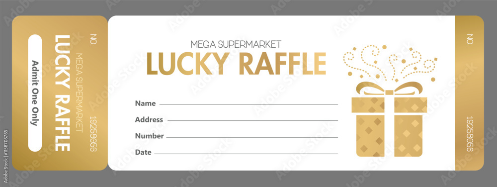 Shiny Golden Raffle ticket admit one only. Fill form template with gold ...