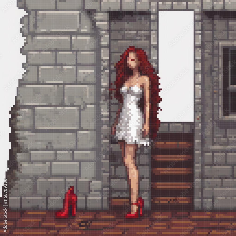 Pixel art image depicts woman standing next stone wall wearing white ...
