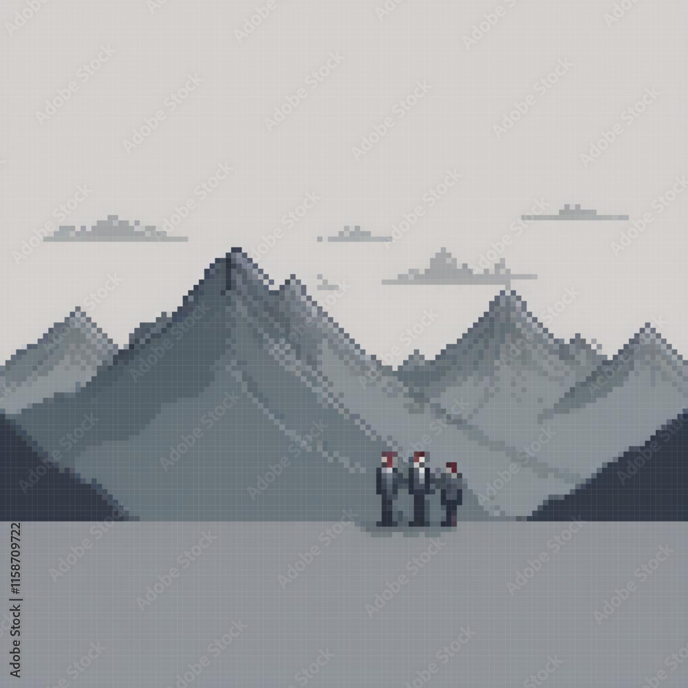 Three men suits standing snowy mountain pixel art style mountain range ...