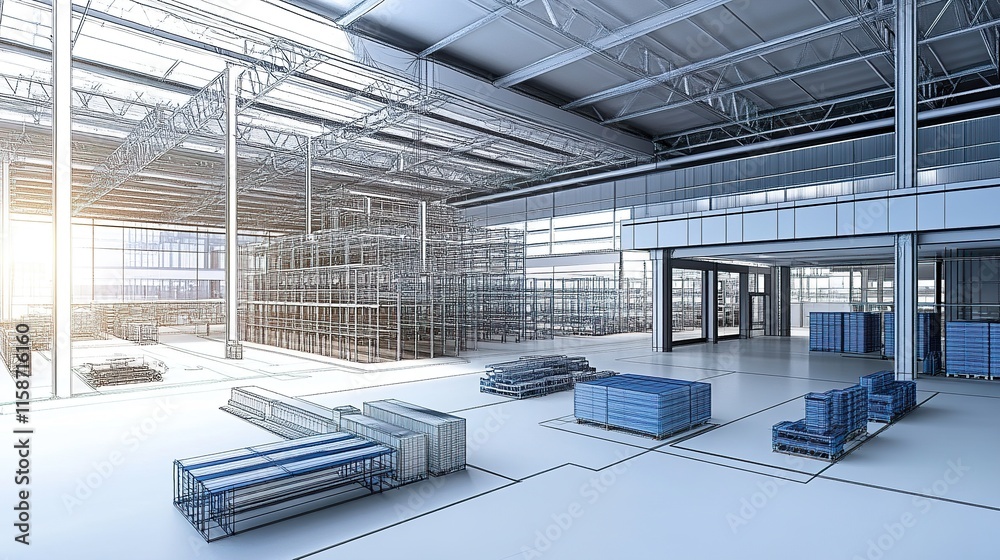 Engineers designing an efficient warehouse layout using 3D modeling and ...