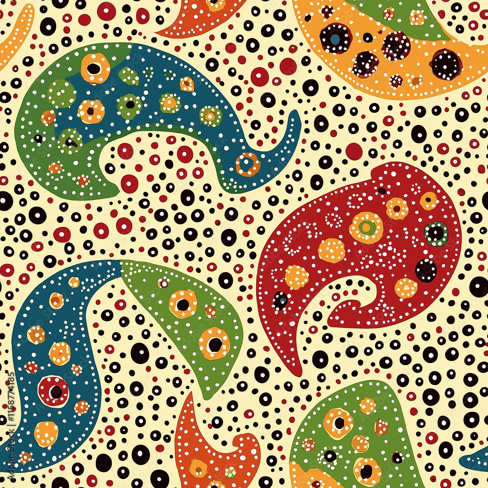 Colorful paisley patterns with dots on a cream background create a ...
