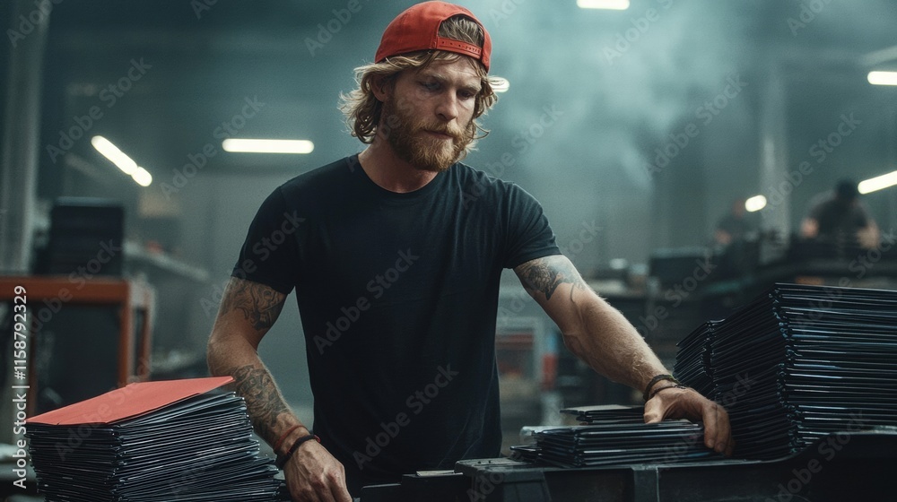 Worker organizing stacks of unmarked folders on dusty shelves Stock ...