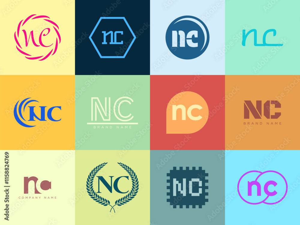 NC logo company template. Letter n and c logotype. Set different ...