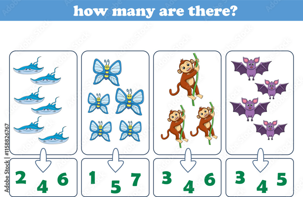 Counting game of wild animals for preschool kids. Printable. Vector ...