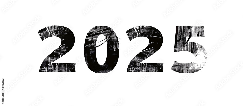 2025 new year concept, black grunge numbers on a transparent background ...