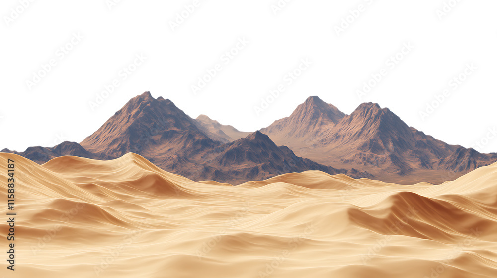 Sand dunes and mountain landscape with rolling dunes and rugged peaks ...