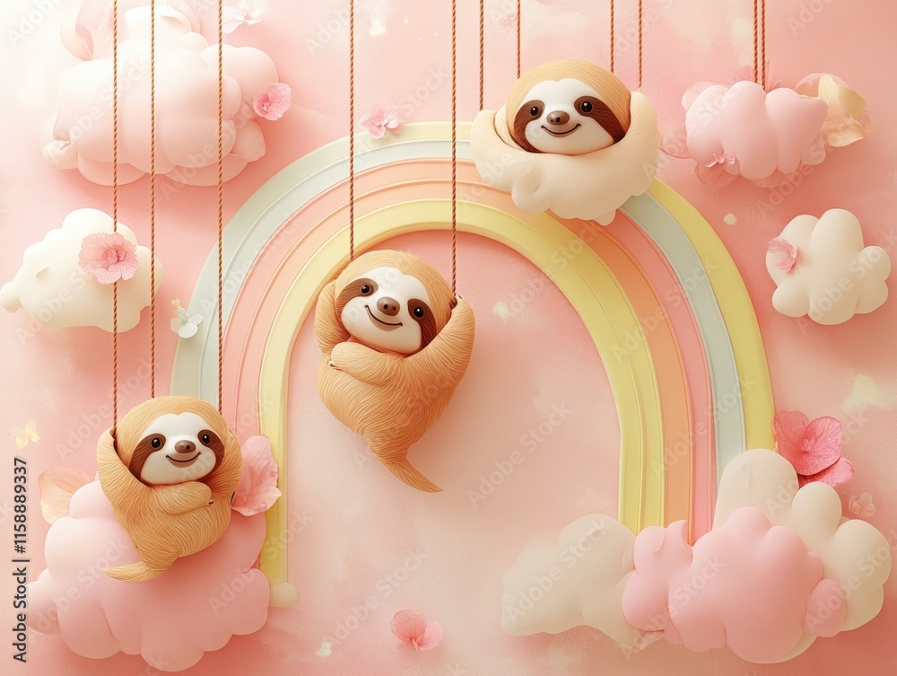 Three cute sloths swinging on clouds with a rainbow backdrop. Stock ...