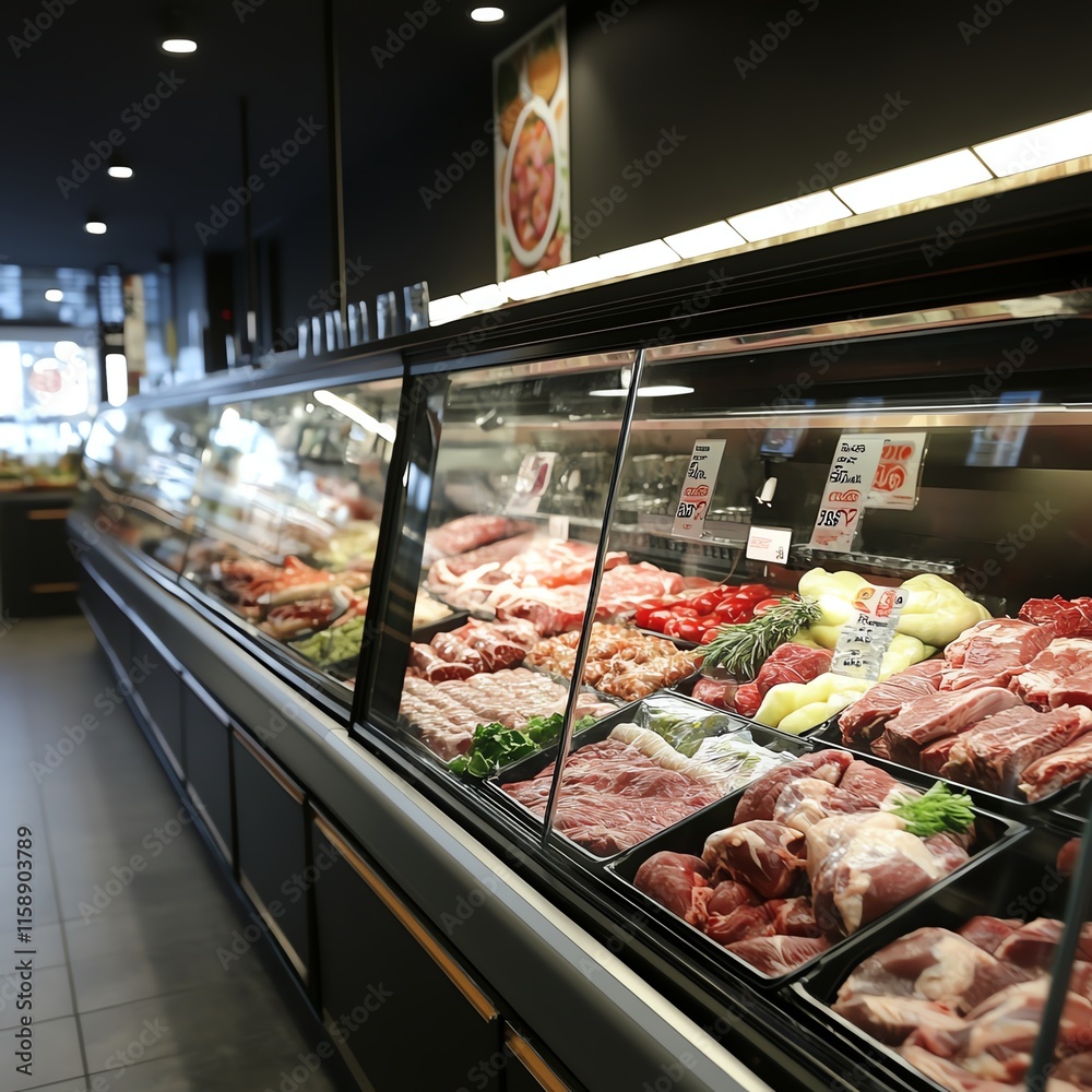 Meat display in a modern butcher shop, showcasing fresh cuts and colorful ingredients. Stock ...