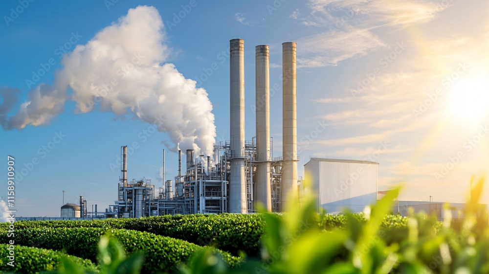 Net zero and ESG concept. Industrial plant with smokestacks and green fields under a bright sky ...
