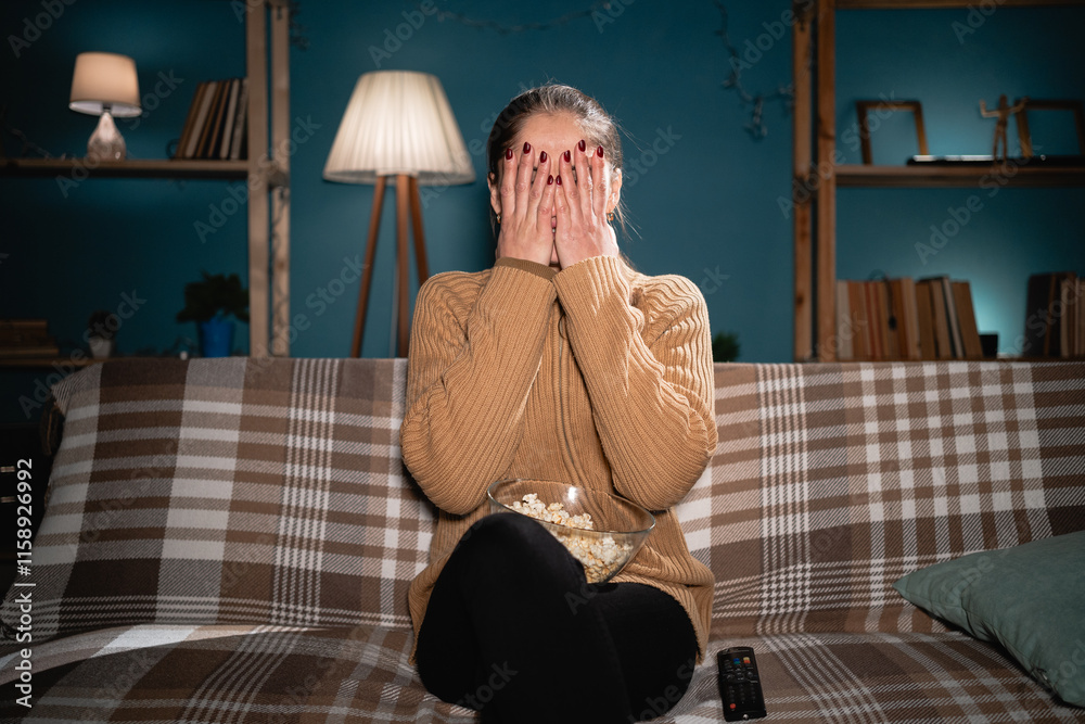 tv horror. Shocked woman closing faces with hands frightened of ...