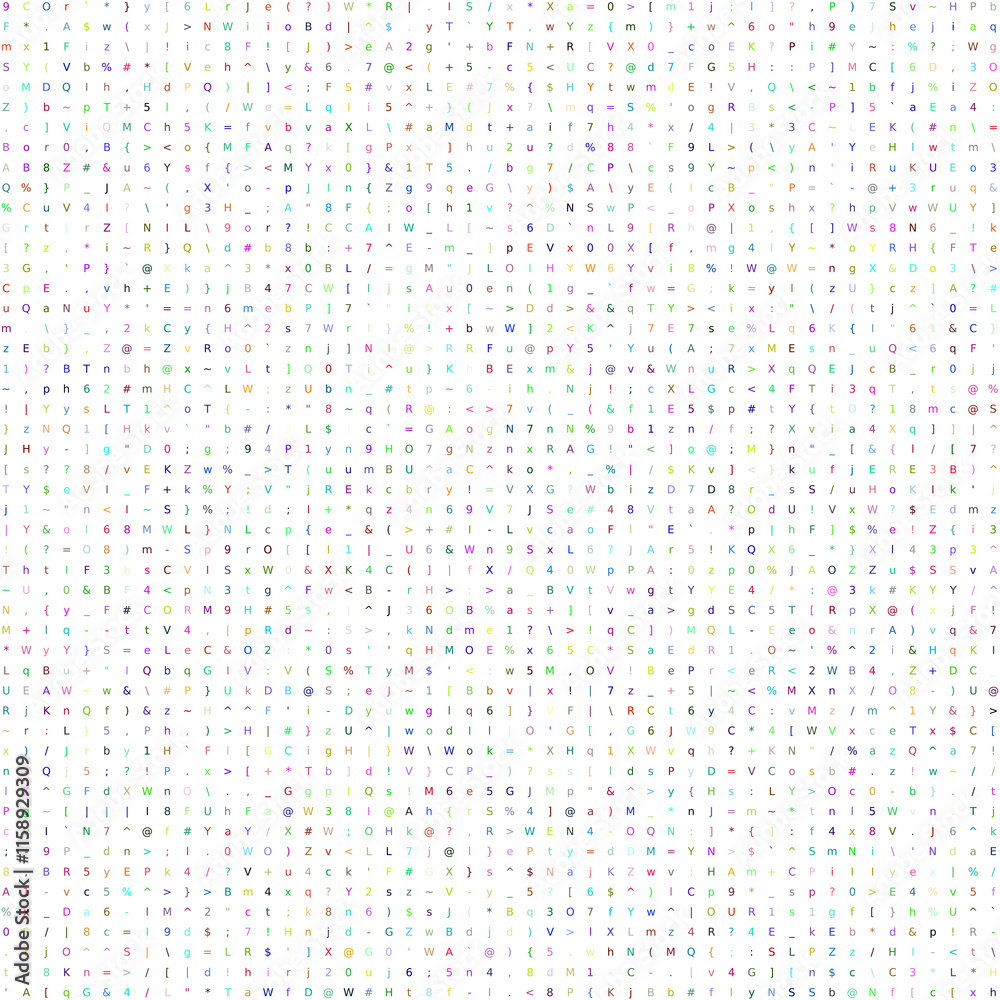 ASCII characters and symbols randomly colored on a white background ...