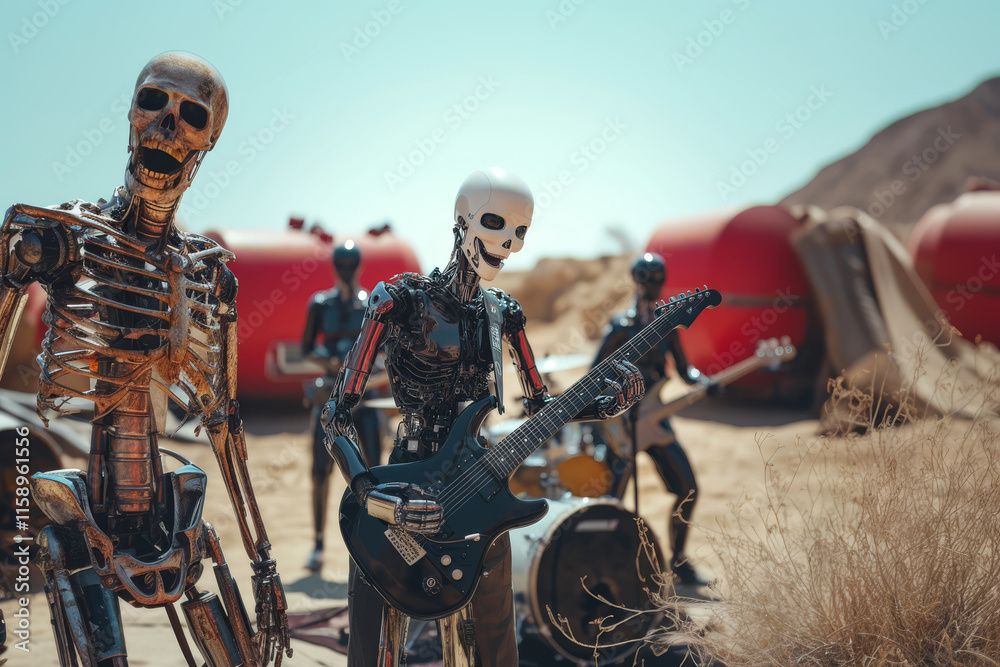 Under the bright sun, a humanoid robot rock band performs with energy ...
