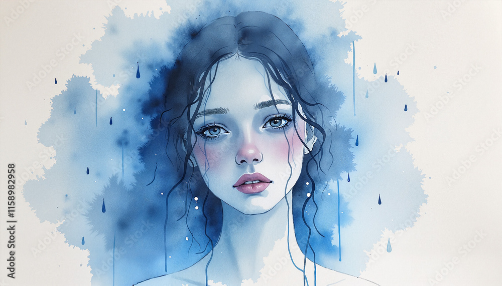 beautiful young woman with sad eyes and a blue watercolor background ...