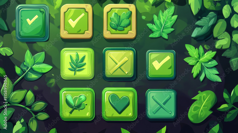 Game buttons and frames with green borders and leaves. Design elements and assets with plants ...