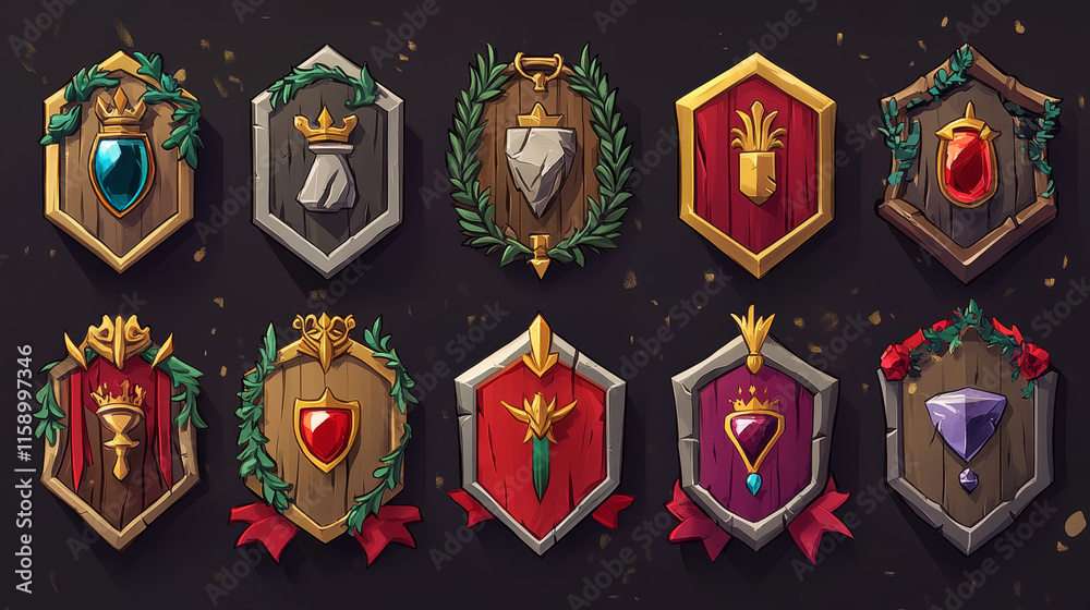 Fantasy hexagon frames of game avatars. Award ranking wooden, stone ...