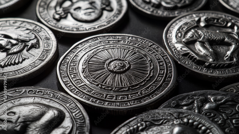 Ancient aztec or mayan silver coins with tribal symbols of sun, man and ...