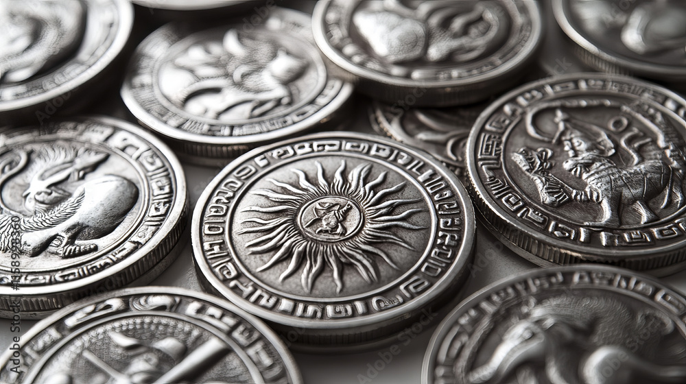 Ancient aztec or mayan silver coins with tribal symbols of sun, man and ...