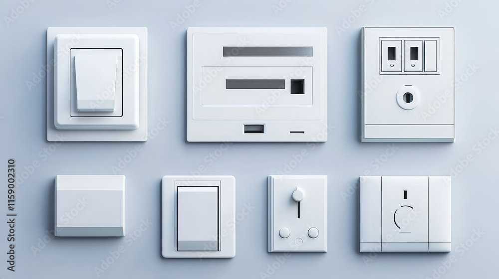 Square rectangular and round white wall switch and sockets. Set of different types of power ...