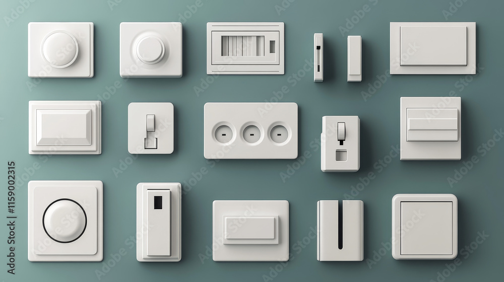 Square rectangular and round white wall switch and sockets. Set of different types of power ...