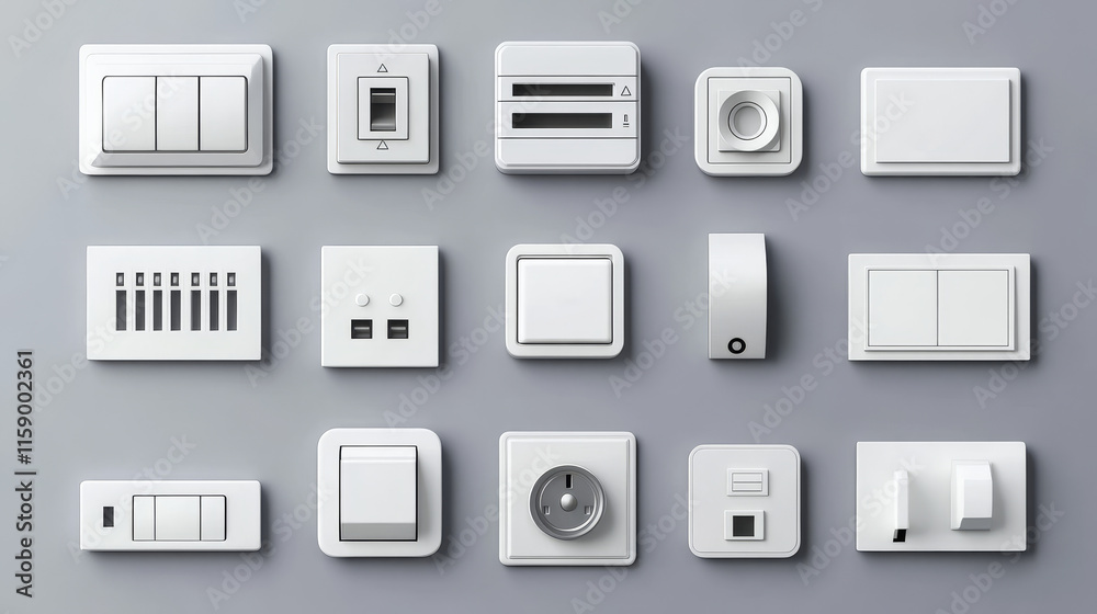 Square rectangular and round white wall switch and sockets. Set of ...