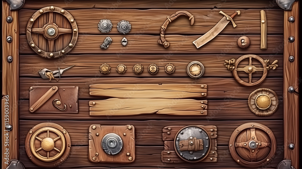 Wood pirate ui game frame and board button vector. Wooden texture menu ...