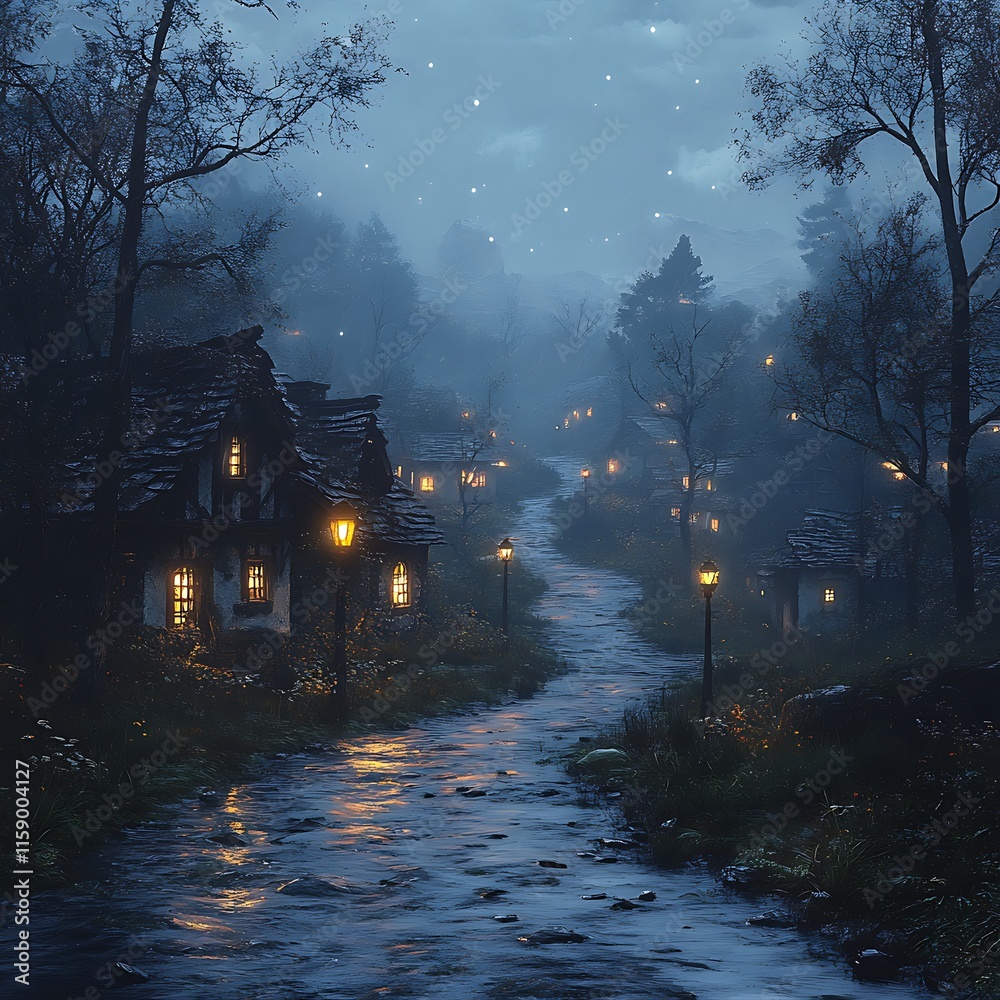 Mysterious Haunted Pathway Abandoned Village Night Scene Eerie Spooky ...