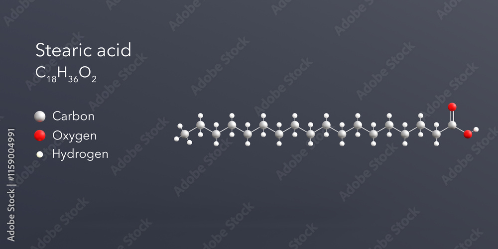 stearic acid molecule 3d rendering, flat molecular structure with chemical formula and atoms ...