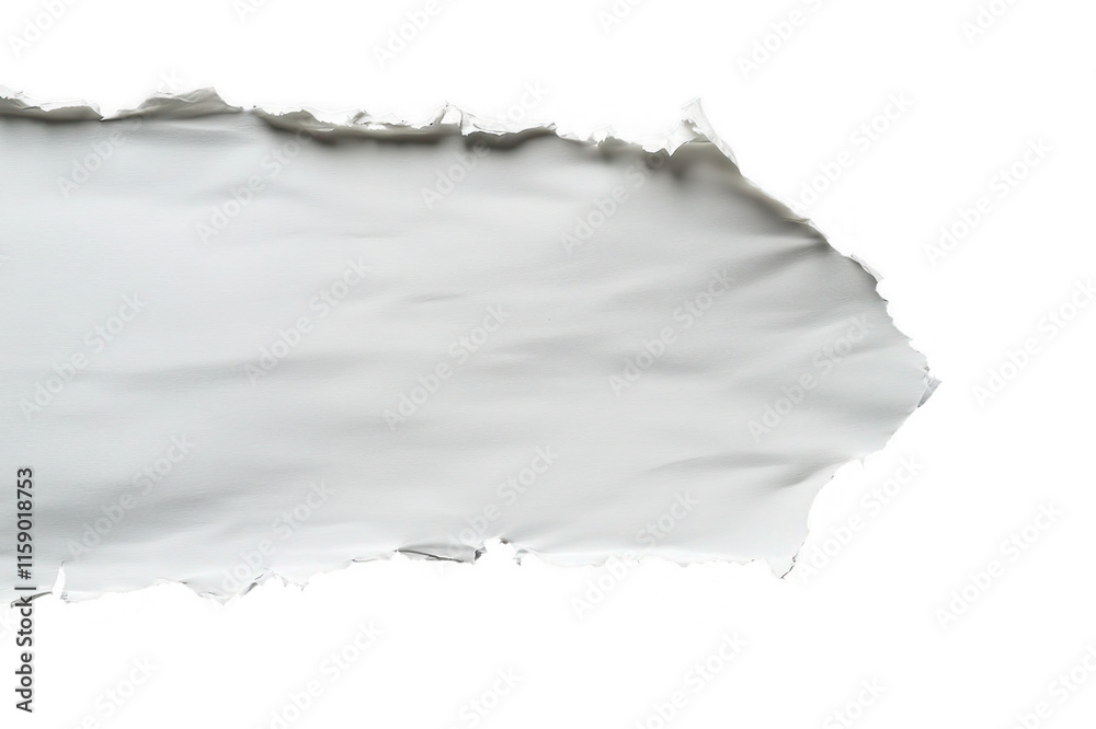 Sheet of smooth white paper with torn edges on three sides, top, bottom ...