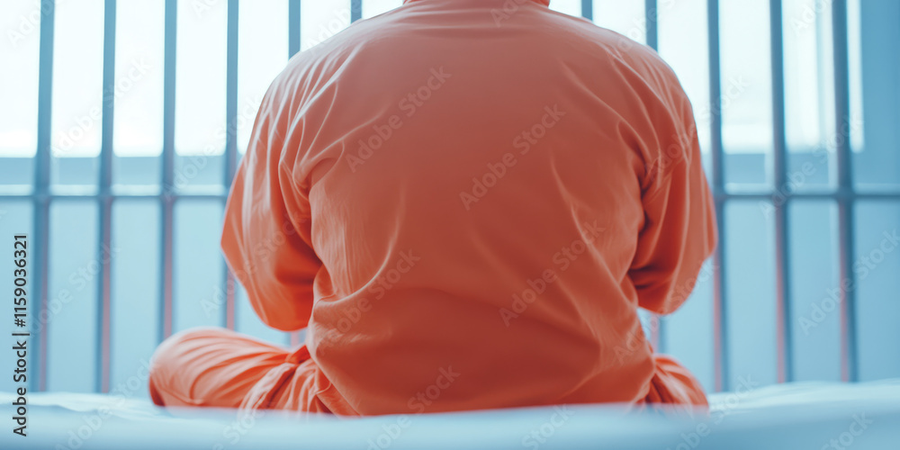 Illustration Stock Criminal man in orange uniform sit on prison bed ...