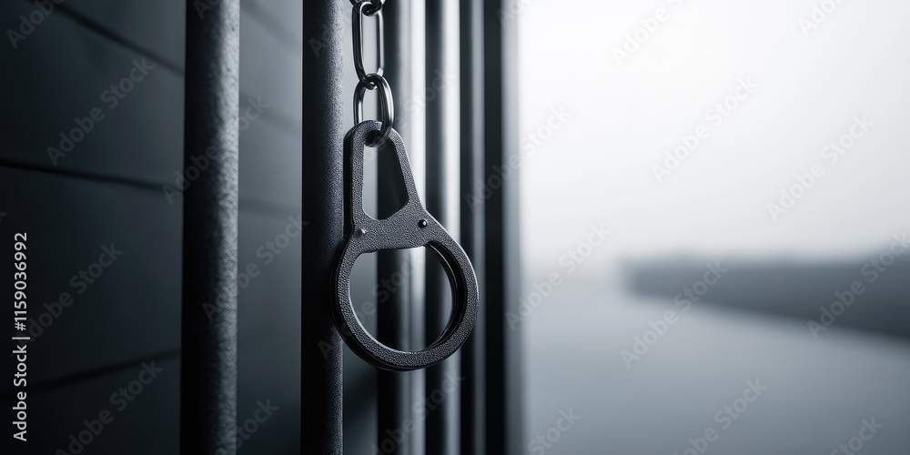 Metal handcuffs hang from the bars of a prison cell. Concept of prison ...