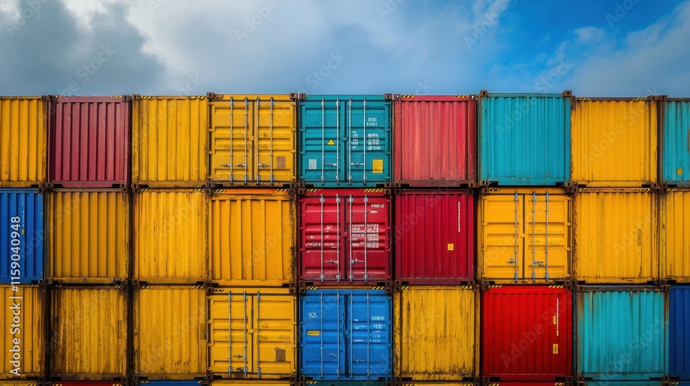 Colorful shipping containers stacked high. Illustrates global trade ...
