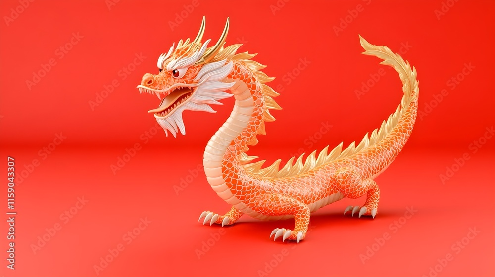 Vivid Orange Chinese Dragon with White Mane and Golden Horns on a Bold ...
