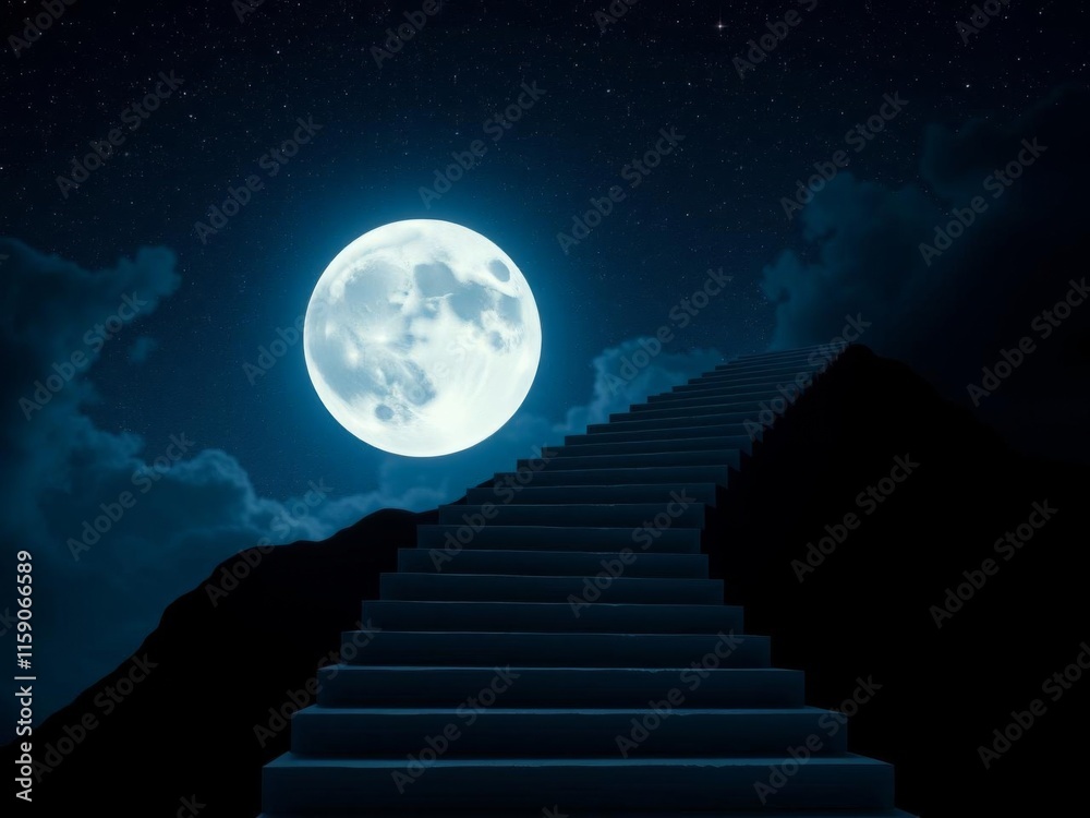 Staircase leading up to a bright full moon in a clear night sky, lunar ...