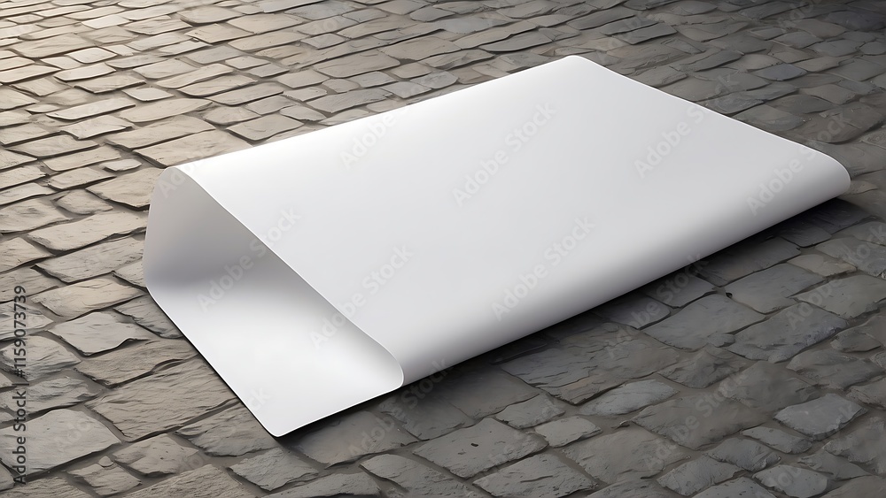 On a pavement wall is a mockup white paper or white sticker poster ...