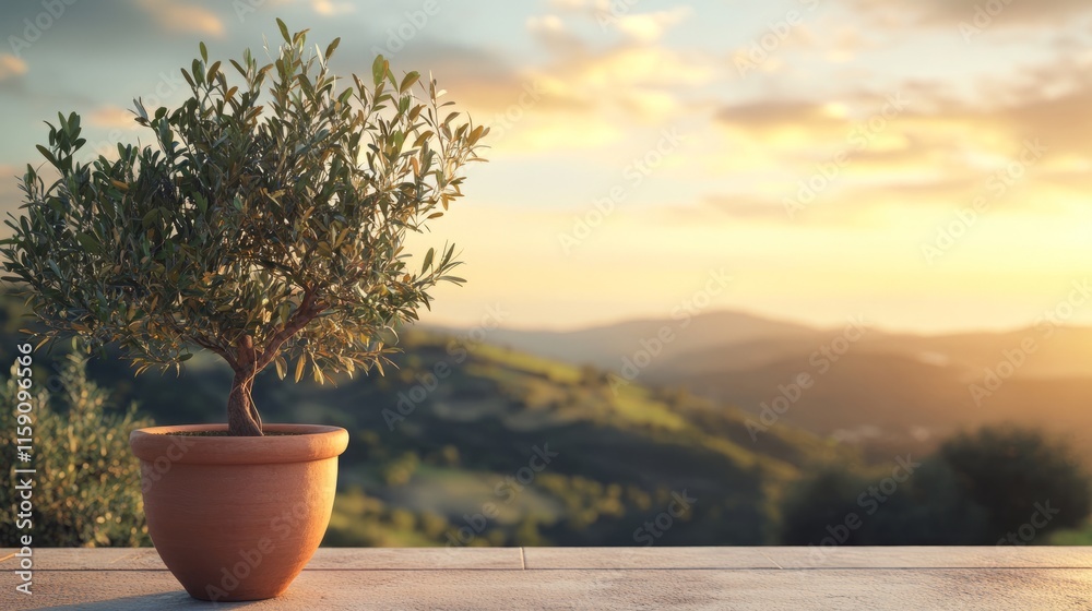 Peaceful terrace design with an olive tree in a terracotta pot ...
