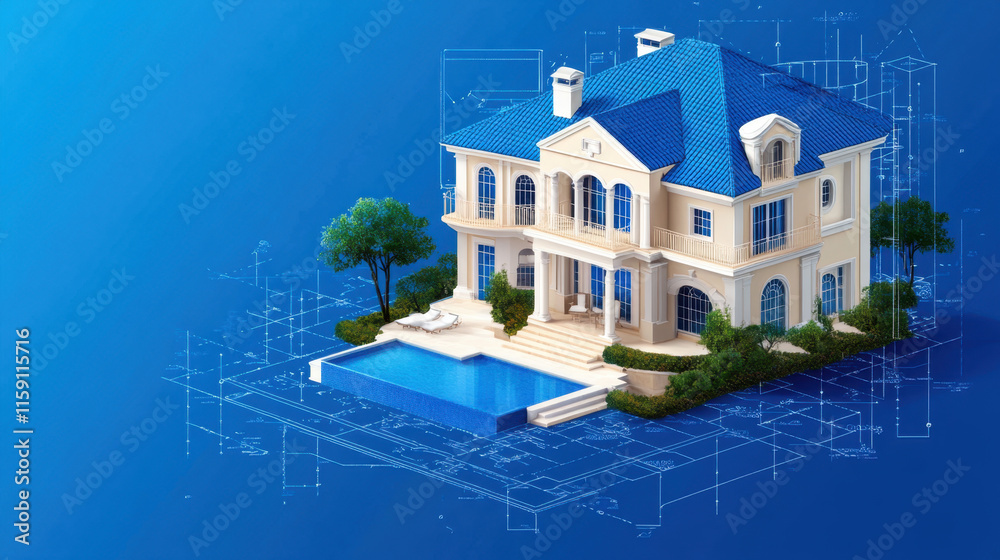 blueprint hand-drawn illustration, A stunning blueprint of a luxurious ...