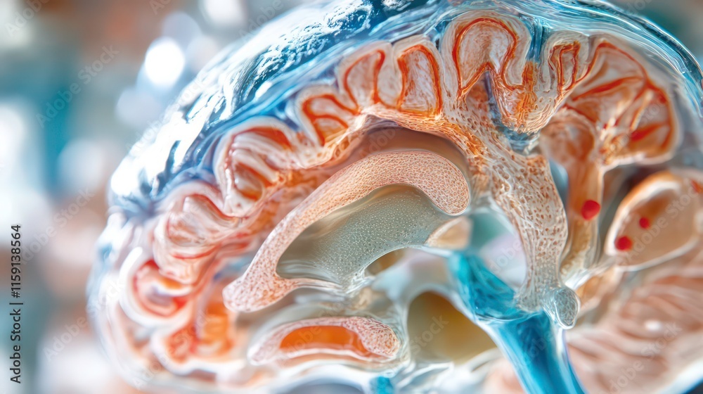 Detailed sagittal view of a human brain model, showcasing its intricate ...