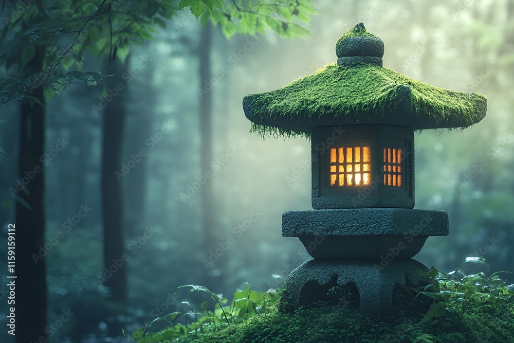 Moss-covered stone lantern illuminated in a serene Japanese garden at ...